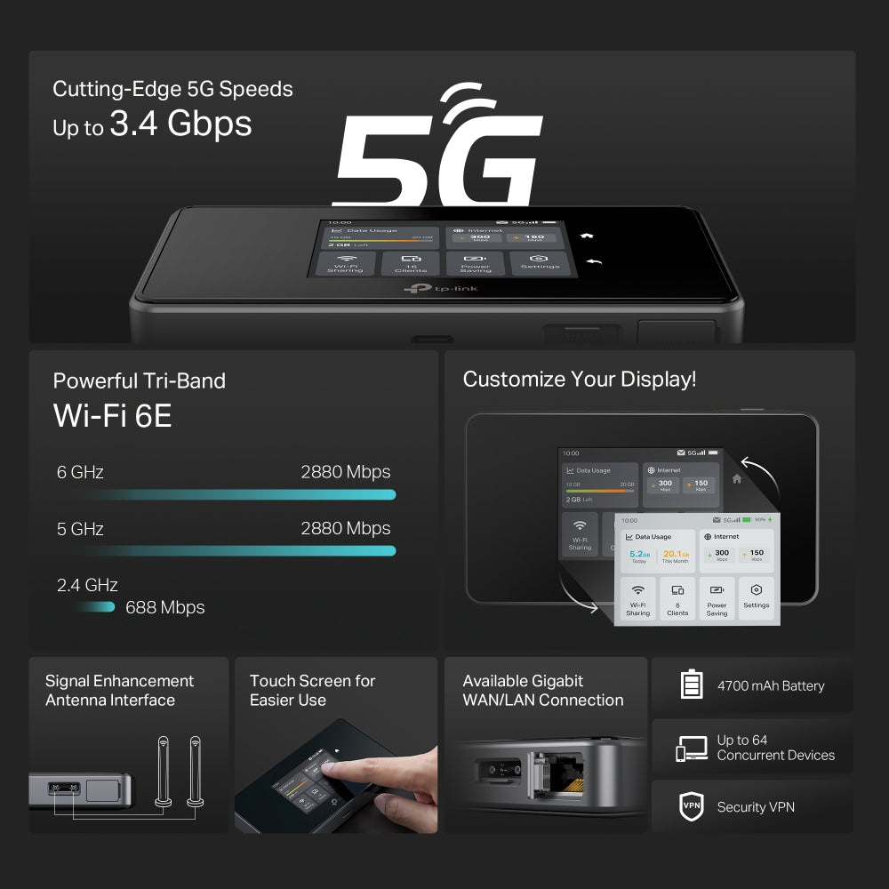 TP-Link M8550 5G Portable Wi-Fi 6E Router with Long Battery